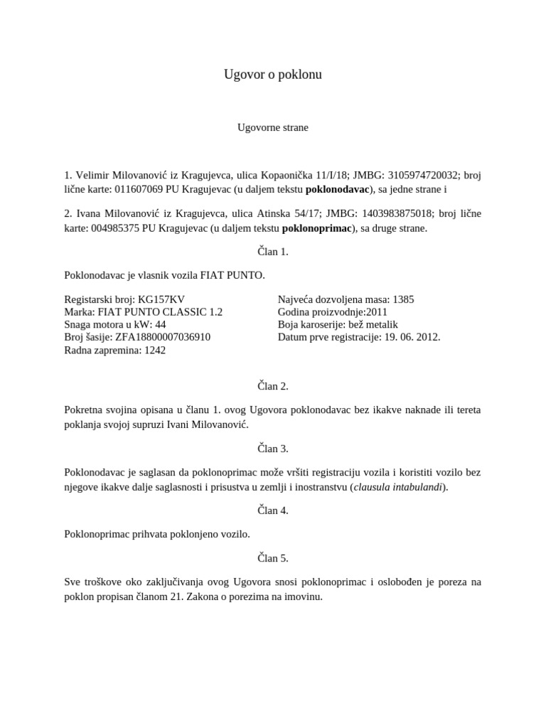 Ugovor o Poklonu | PDF