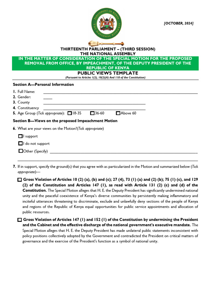 Template Form - Impeachment | PDF | Impeachment | Politics