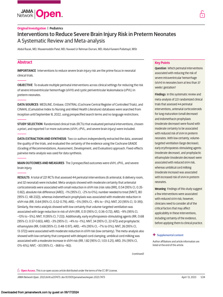 Interventions To Reduce Severe Brain Injury Risk in Preterm Neonates ...