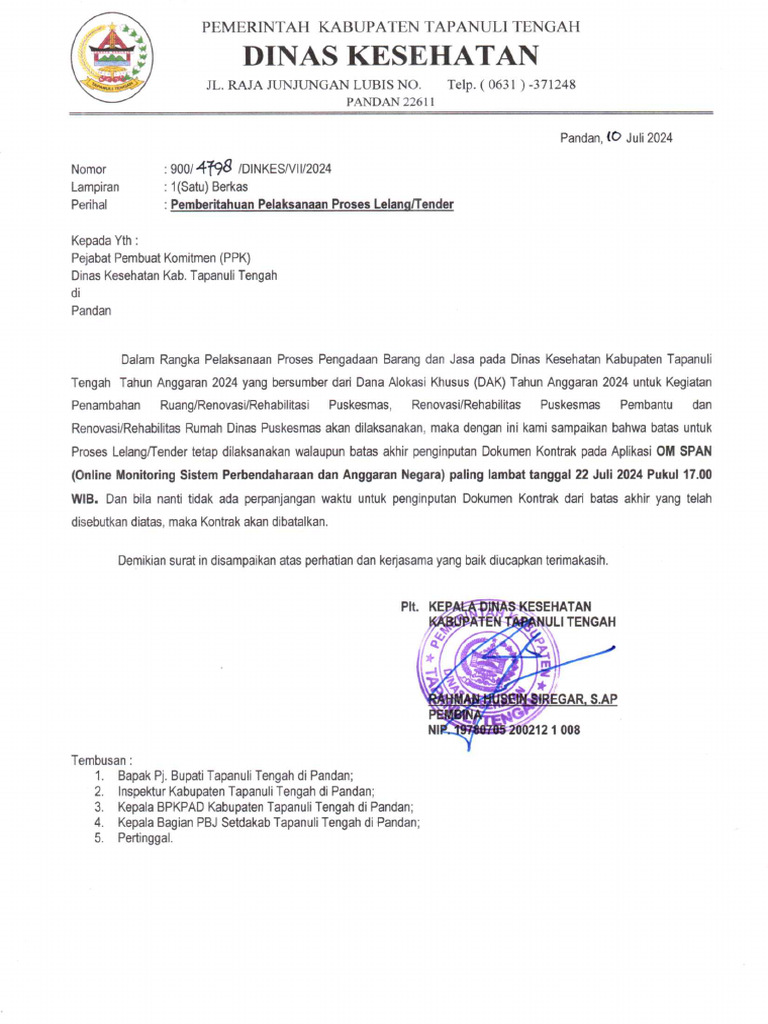 Surat Pemberitahuan Pelaksanaan Proses Tender | PDF