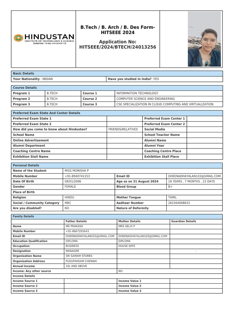 Application Form HITSEEE 2024 BTECH 24013256 | PDF