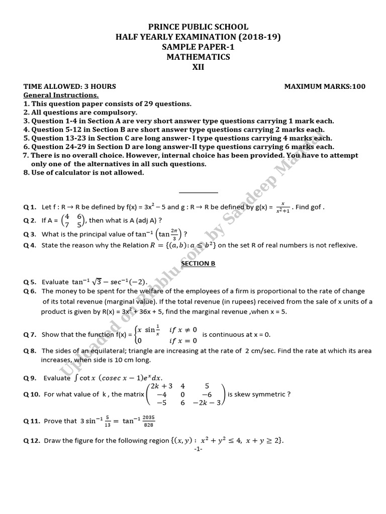 Cbse Sample Papers For Class 12 1 Half Yearly Exam Prince Public School ...