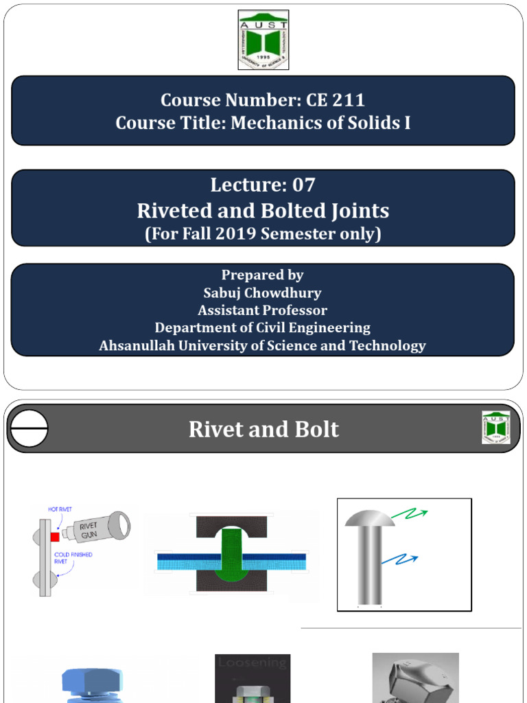 CE 211 Lecture 07 Riveted and Bolted Joints | PDF