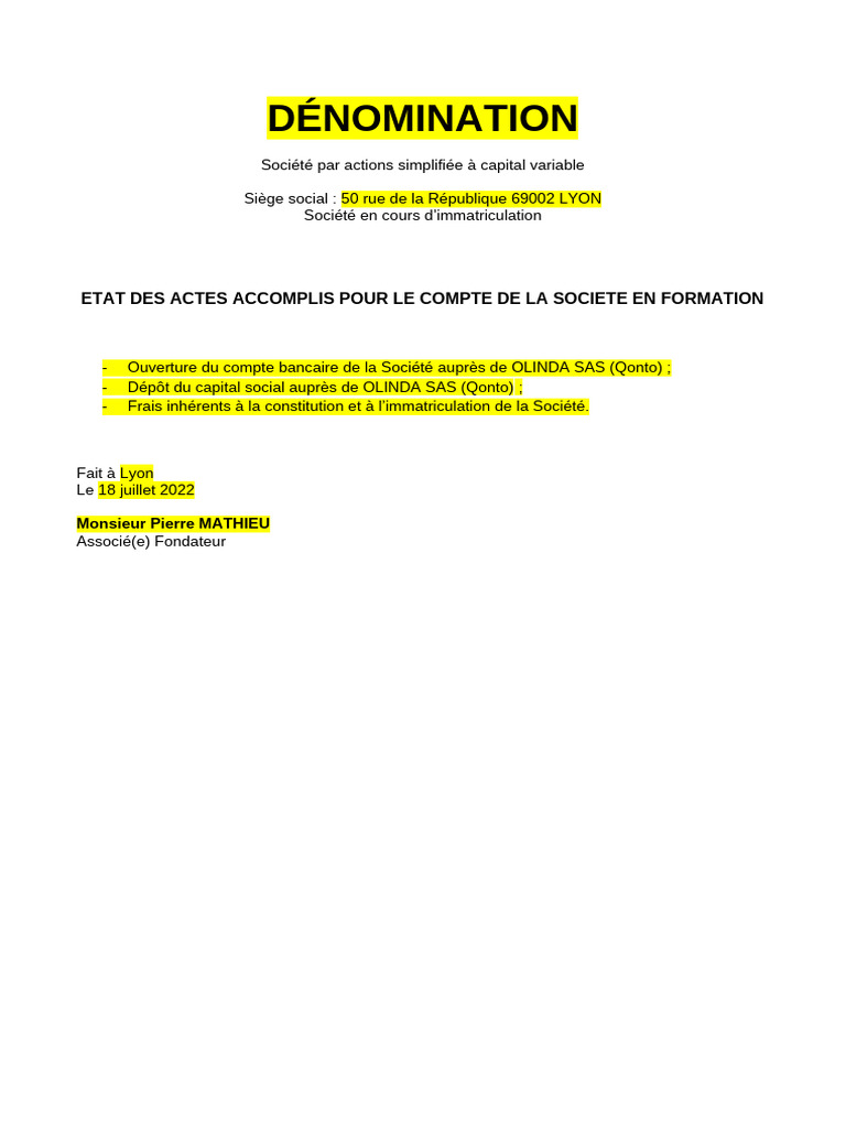 Etat Des Actes Accomplis Pour Le Compte de La Soci T en Formation | PDF