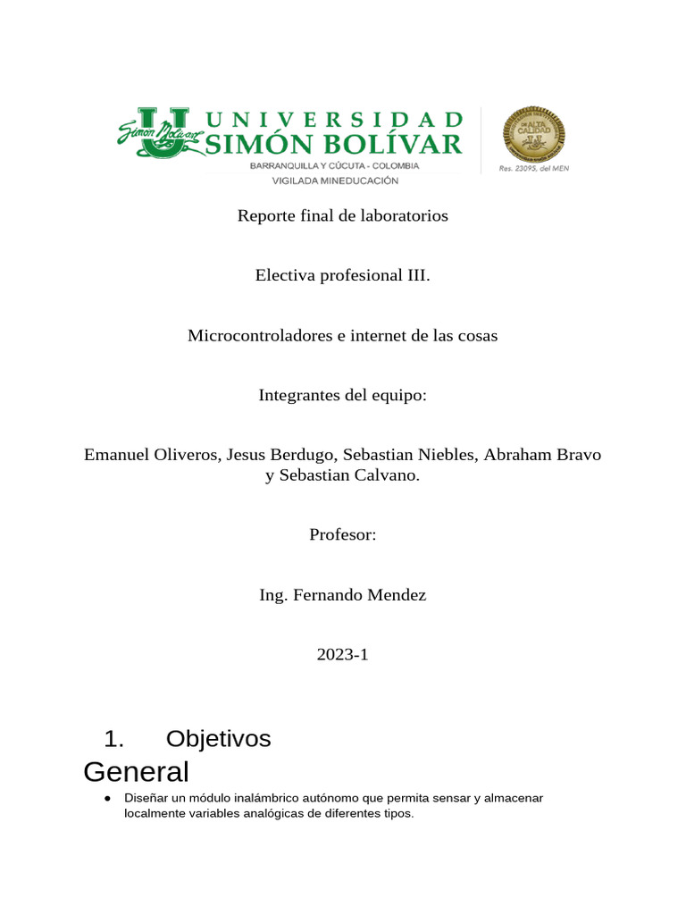 Reporte final de IoT y microcontroladores. | PDF