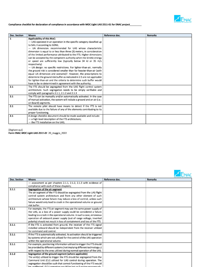 Compliance Checklist MOC Light UAS 2511 01 ENAC Project | PDF