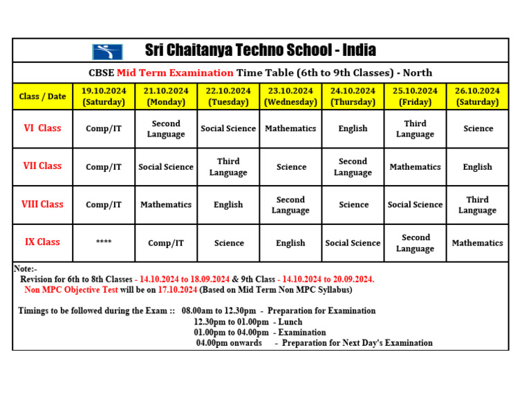 CBSE 6th To 9th Class Mid Term Time Table 2024-25 (North) | PDF