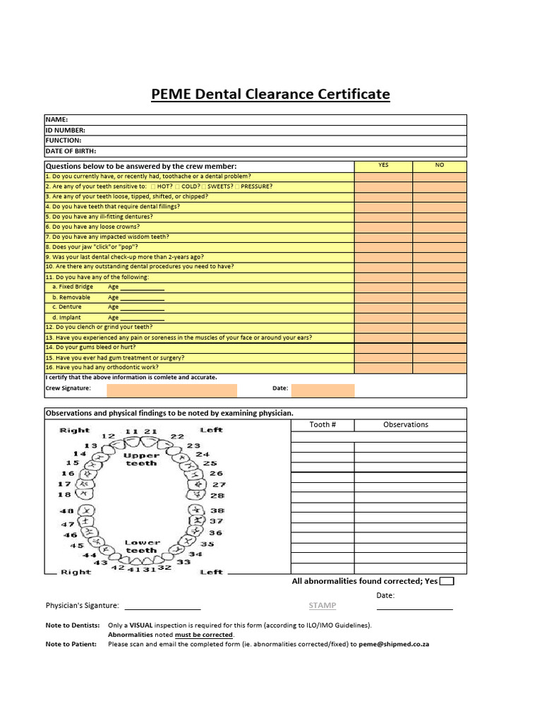 PEME Dental Clearance Certificate: Questions Below To Be Answered by ...
