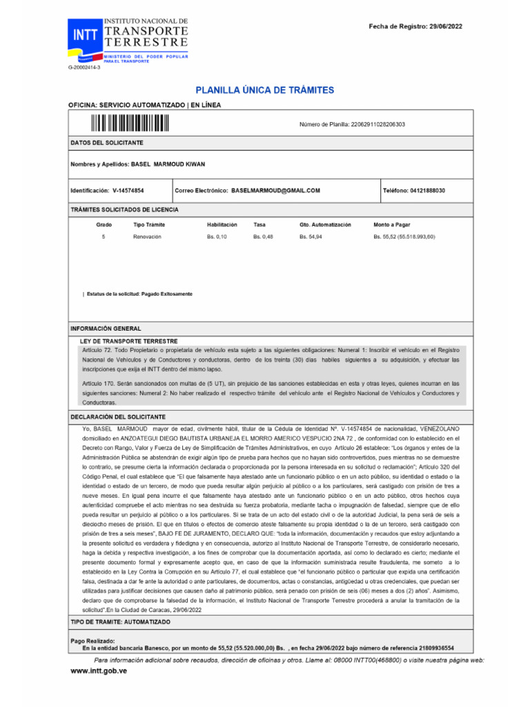 Planilla Unica de Tramites INTTT - Licencia | PDF