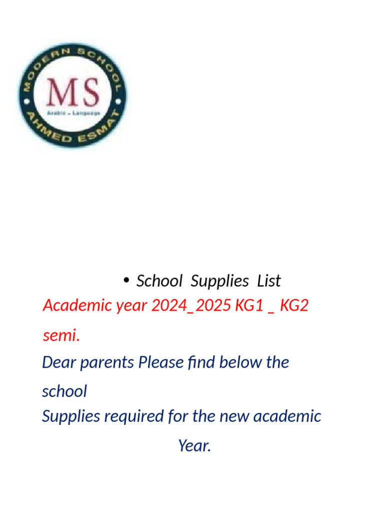 Supply List For KG1&Kg2 - Semi - 1 | PDF