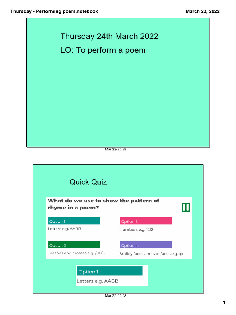 Thursday 24th March 2022 LO: To Perform A Poem: Quick Quiz | PDF