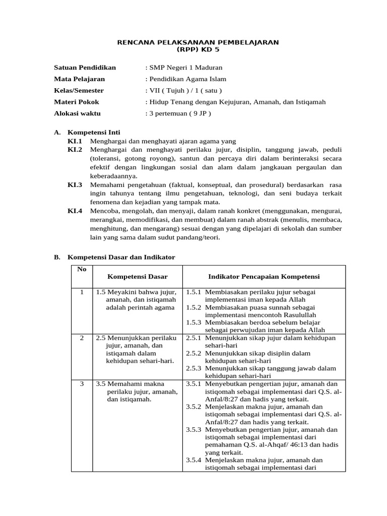 RPP KD 5 Hidup Tenang Dengan Kejujuran, Amanah, Dan Istiqamah | PDF