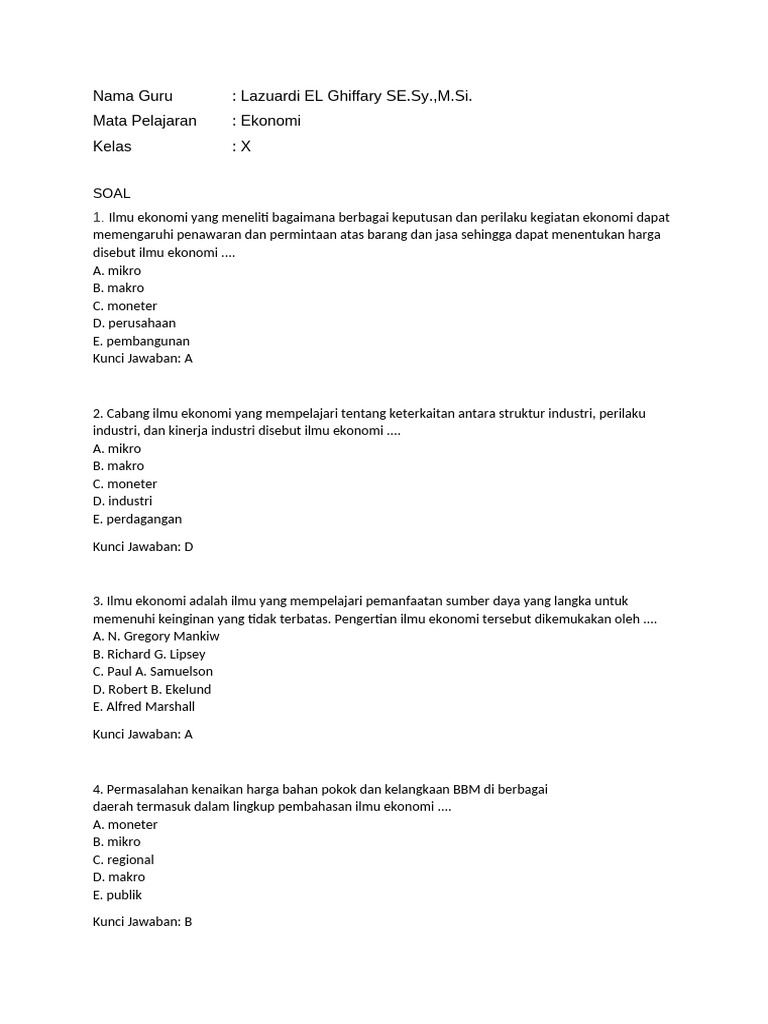 Soal Ekonomi Kelas X | PDF