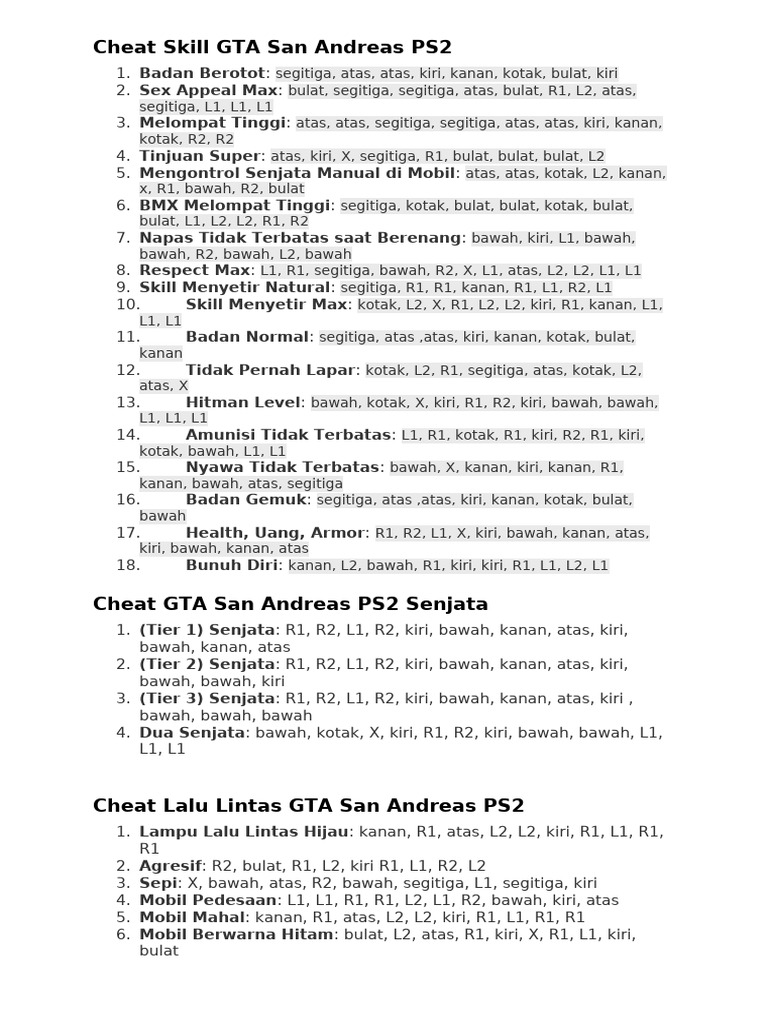 Cheat Skill GTA San Andreas PS2 | PDF
