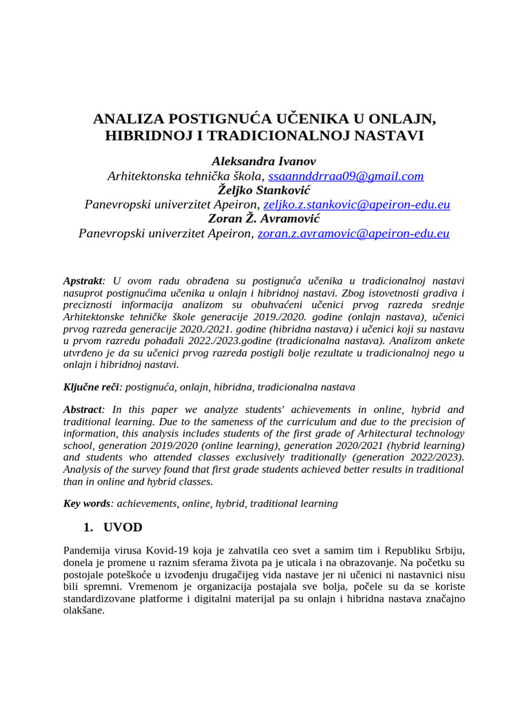 Analiza Postignuca Ucenika U Onlajn, Hibridnoj I Tradicionalnoj Nastavi ...