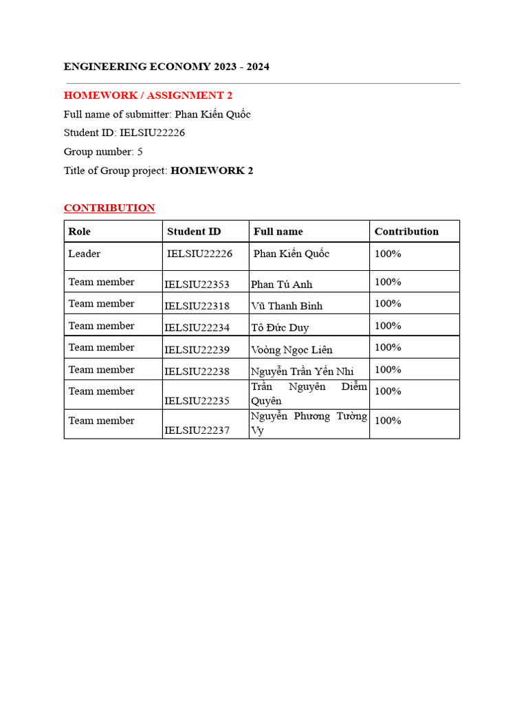 Homework / Assignment 2: Engineering Economy 2023 - 2024 | PDF