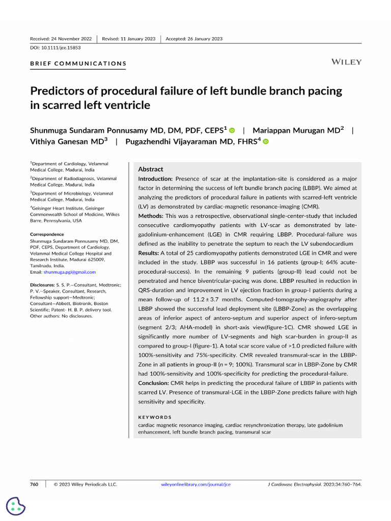 Predictors of Procedural Failure of Left Bundle Branch Pacing in ...