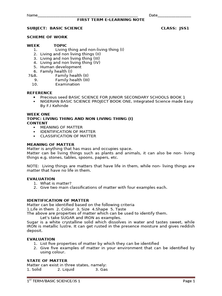 1ST Term JSS1 Basic Science | PDF | Foods | Puberty