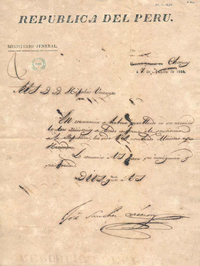 Carta de JFSC A Hipolito Unanue Nombramineto Ministro de Haciendas | PDF