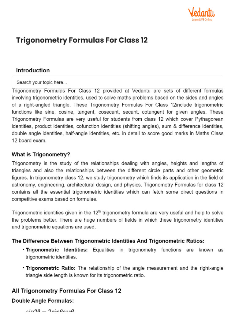 Trigonometry Formulas for Class 12 (1) | PDF