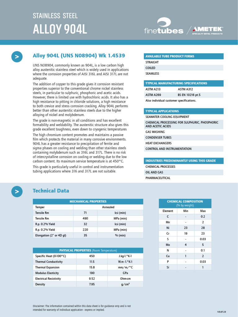 Fine Tubes - Alloy-904l | PDF