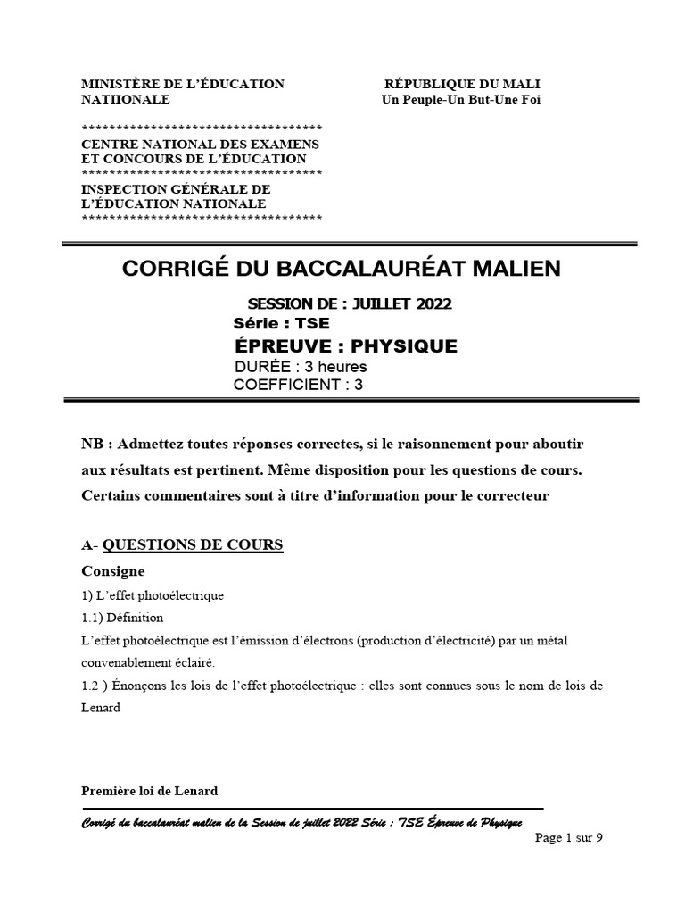 BAC Physique TSE 2022 Correction | PDF