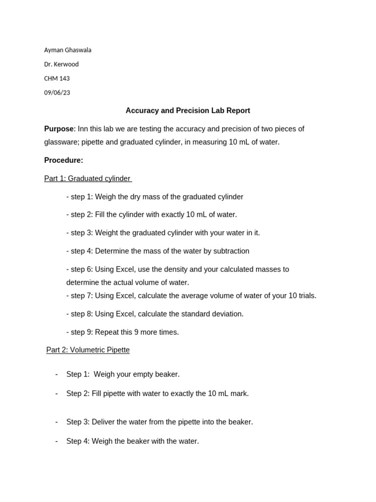 Ayman Ghaswala Chem143 Accuracy and Precision Lab Report | PDF