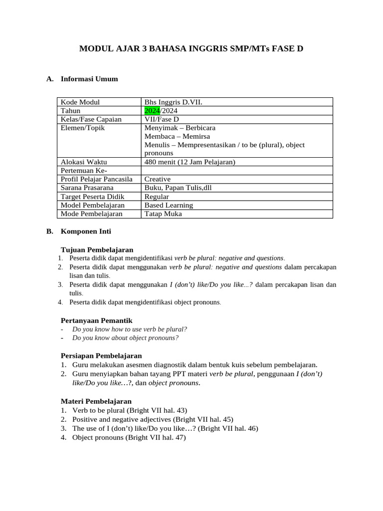 Modul Ajar B-Inggris Bab 3 SMP Grade Vii | PDF