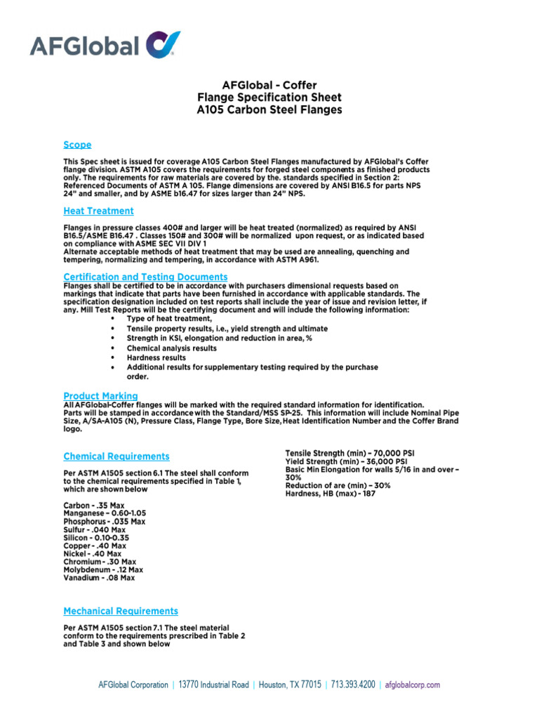 AFGlobal Coffer A105 Flange Spec Sheet 1 | PDF