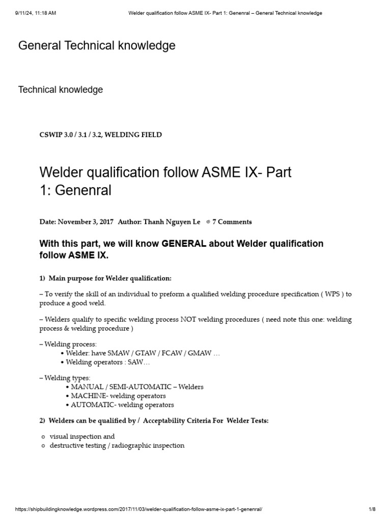 Welder Qualification Follow ASME IX - Part 1 - Genenral - General Technical Knowledge | PDF