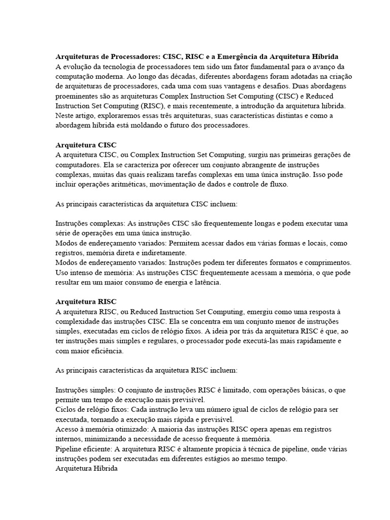 Arquiteturas de Processadores - CISC, RISC e A Híbrida | PDF