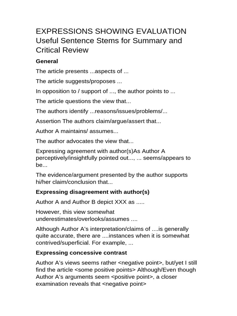 EXPRESSIONS SHOWING EVALUATION Useful Sentence Stems For Summary and Critical Review | PDF