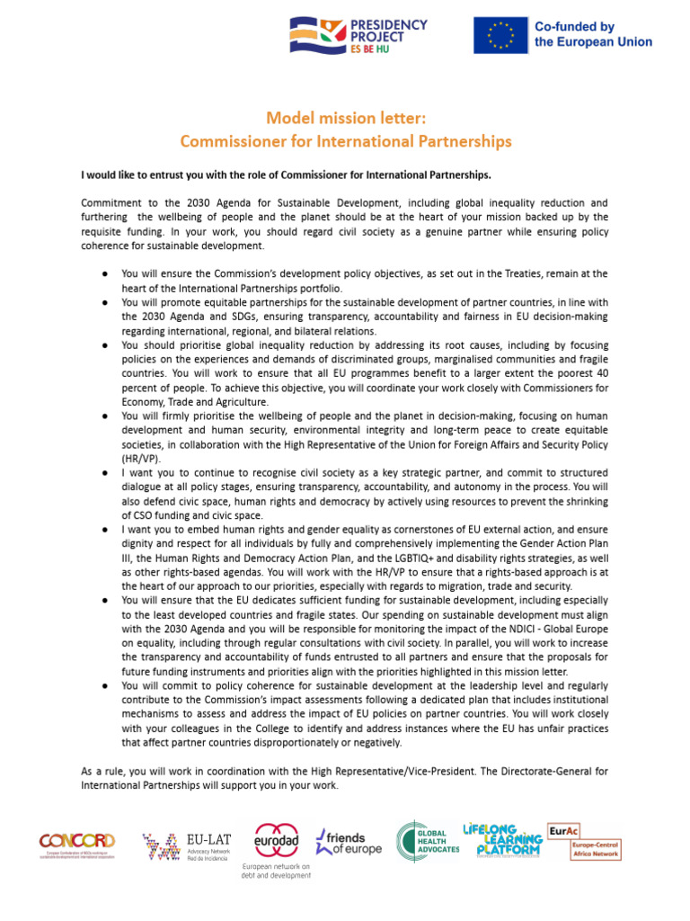 Model Mission Letter Commissioner For International Partnerships 1 1 ...