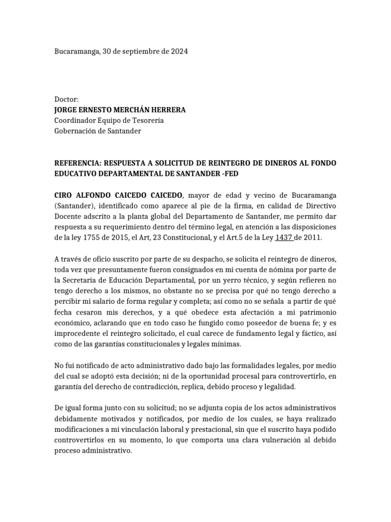 Respuesta Solicitud de Reintegro de Salarios. | PDF | Derecho laboral | Salario