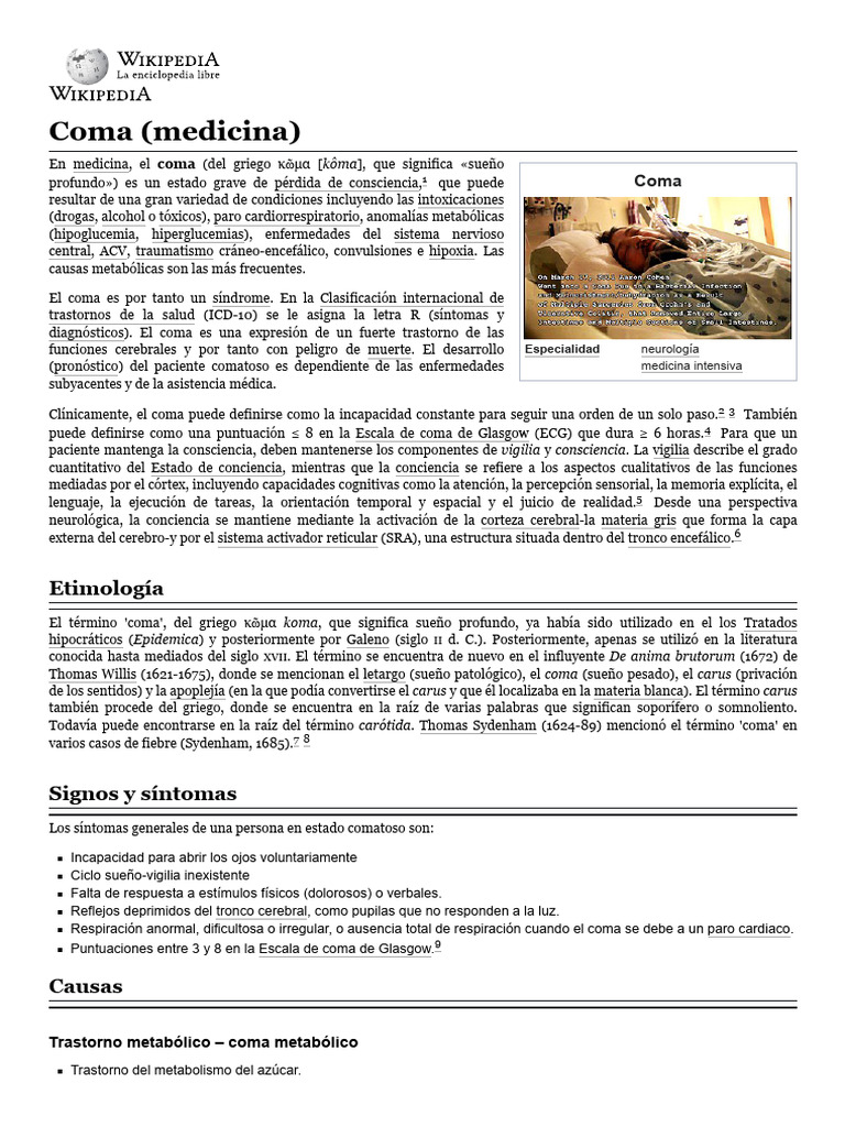 Coma (Medicina) - Wikipedia, La Enciclopedia Libre | PDF