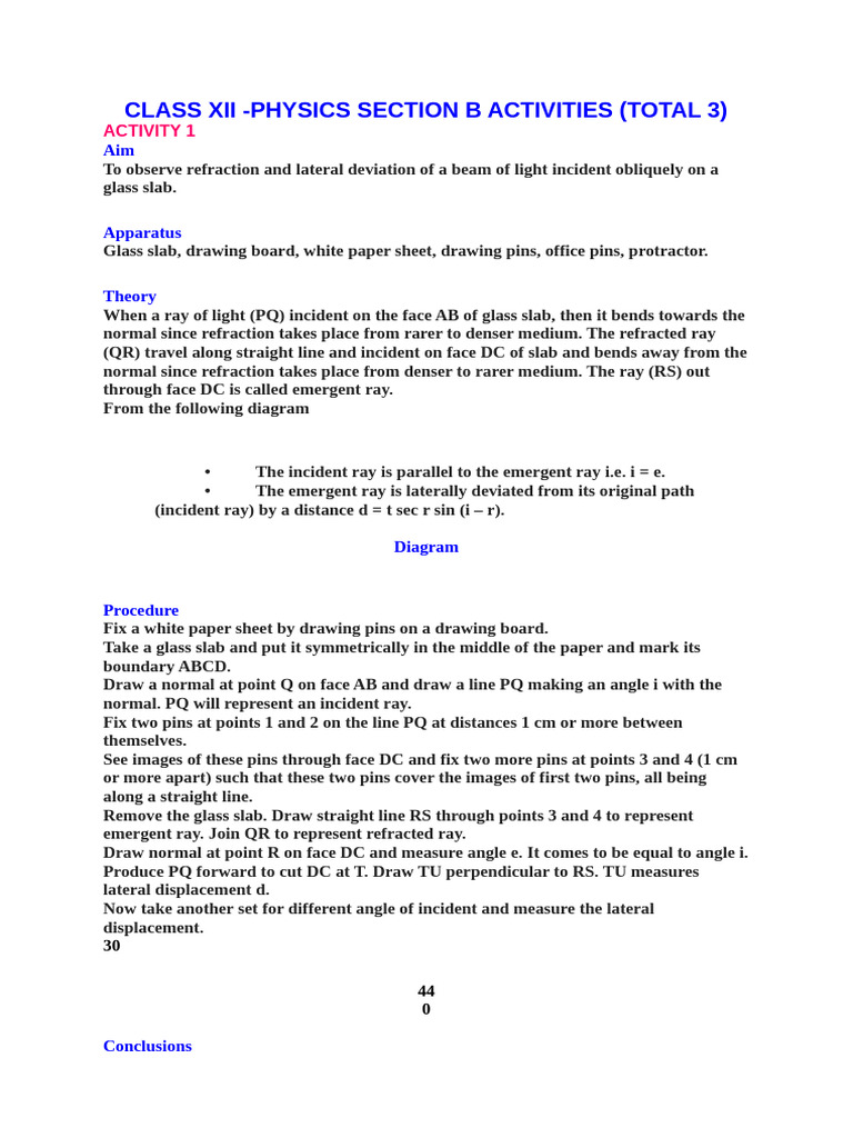 Activities SECTION B CLASS XII PHYSICS | PDF