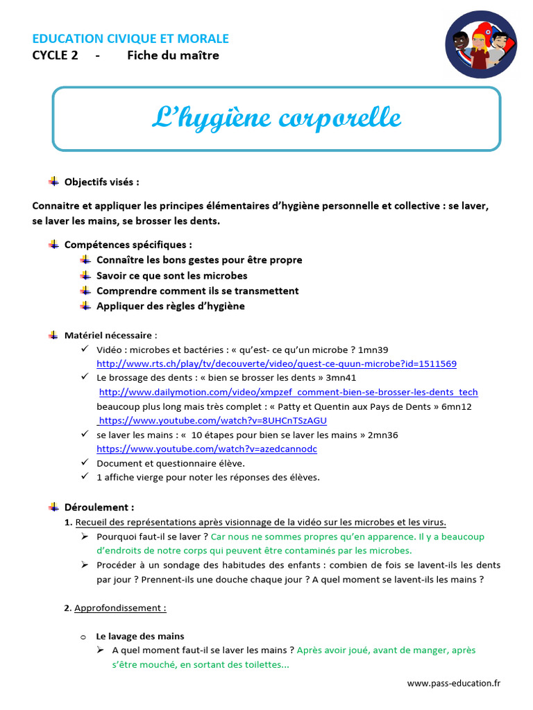 Hygiène Corporelle CP Ce1 Ce2 Fiche de Préparation EMC | PDF