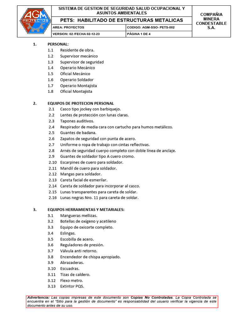 Agm-Sso-Pets-002 Habilitado de Estructuras Metalicas | PDF | Soldadura | Tecnología
