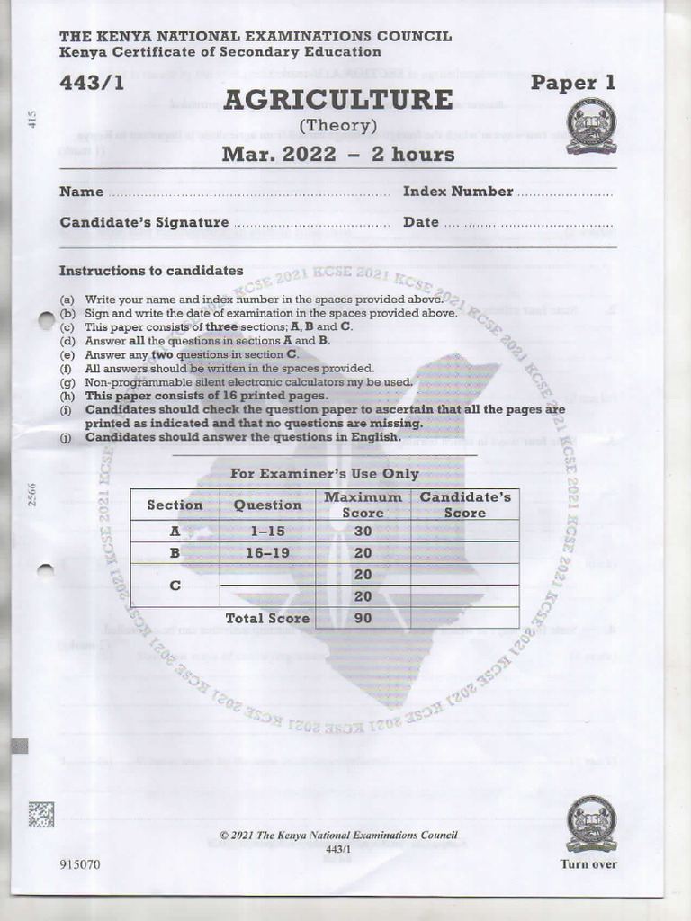 KCSE 2021 2022 AGR PP1 Final | PDF