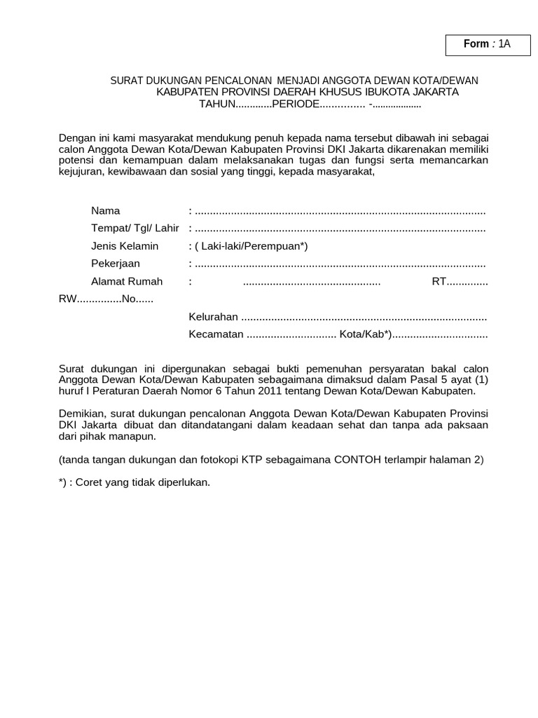 Contoh Lampiran Surat Dukungan Form 1A | PDF