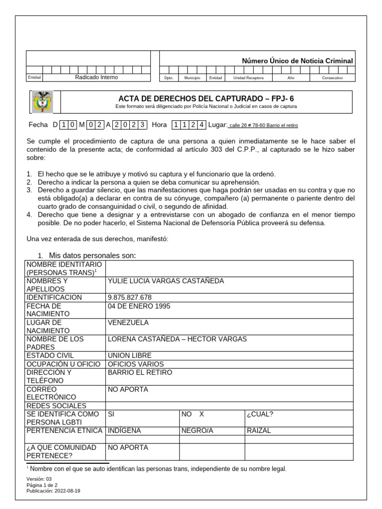 Acta de Derecho de Capturado Yulie | PDF
