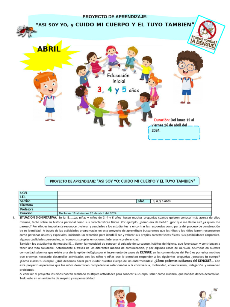 Abril 2 Proyecto Asi Soy Yo Cuido Mi Cuerpo y El Tuyo Tambien | PDF