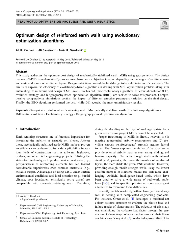Optimum Design of Reinforced Earth Walls Using Evolutionary Optimization Algorithms | PDF
