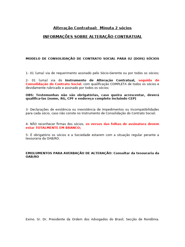 Modelo de Alteração Contratual para 2 Sócios | PDF