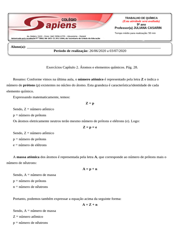 Lista de Exercícios Química - 9º Ano - 11 N'Umero de Massa e Numero ...