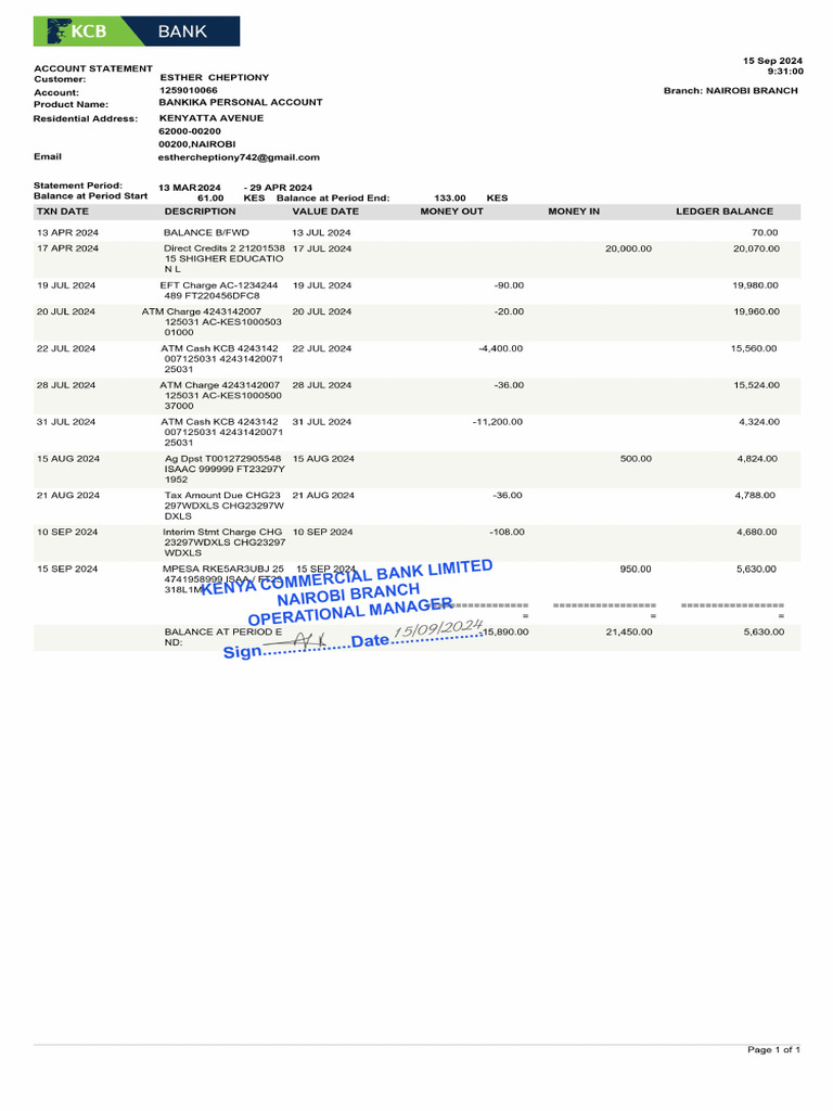 KCB Bank Statement | PDF