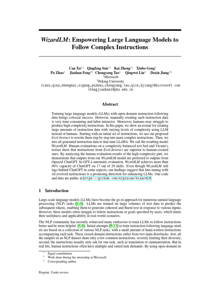 Wizardlm:: Empowering Large Language Models To Follow Complex Instructions | PDF
