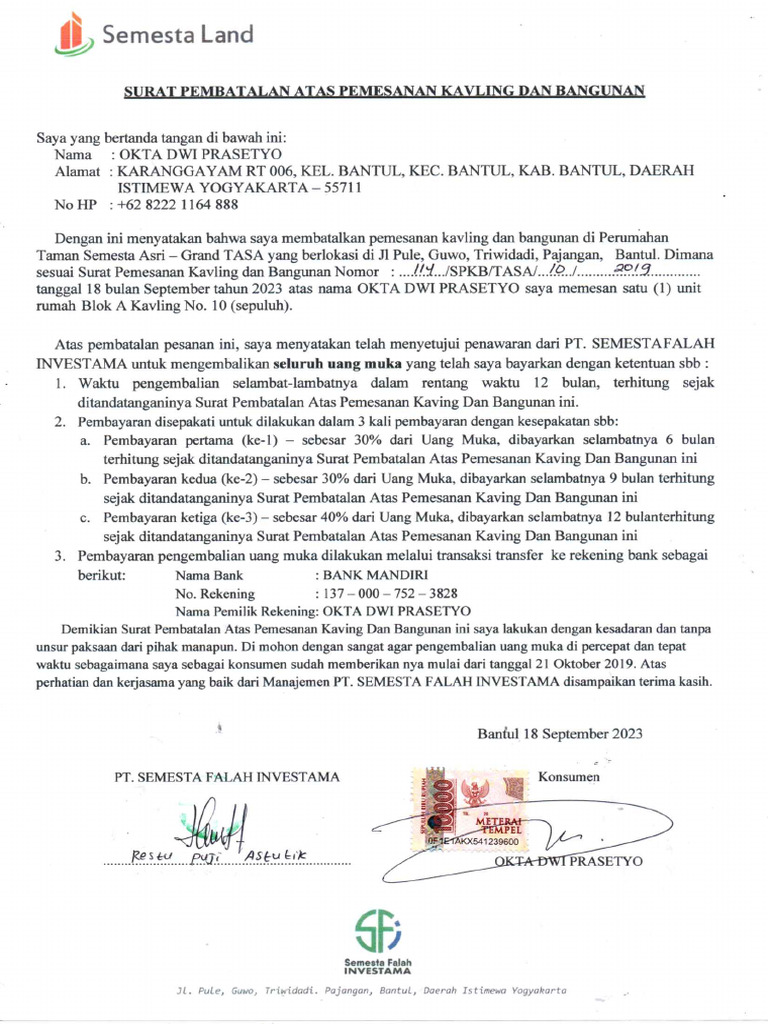 Pembatalan Konsumen A.N Okta Dwi Prasetyo | PDF
