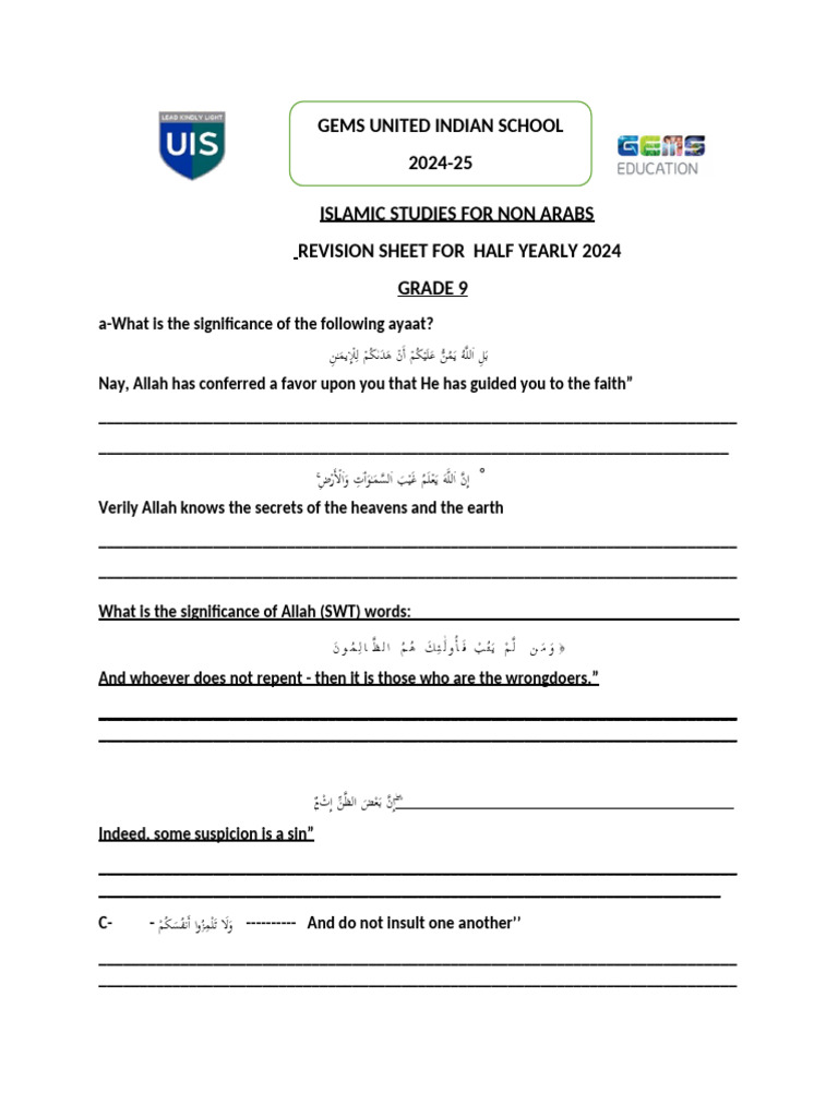 Grade 9 Revision Sheet Half Yearly 2024-25 | PDF