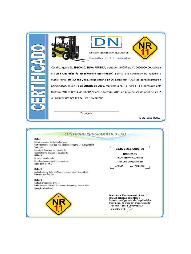 Certificado de Operador de Empilhadeira | PDF